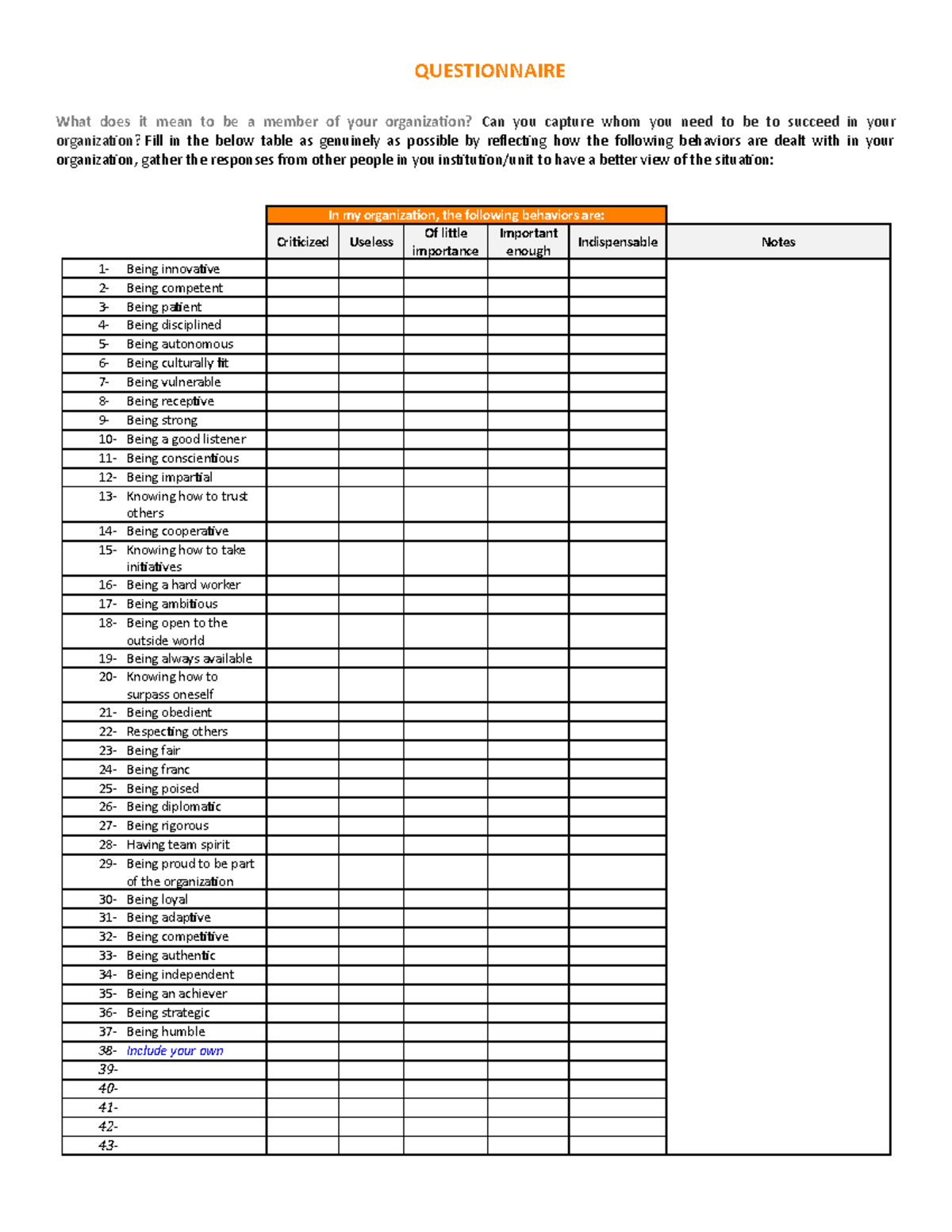 Organizational Behaviors - Survey - QUESTIONNAIRE What does it mean to ...