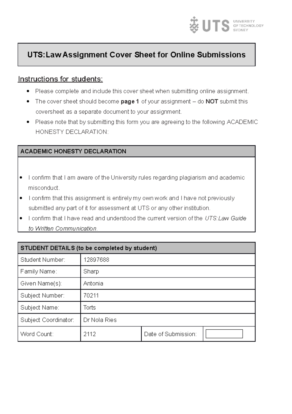 TOrt essay - UTS:Law Assignment Cover Sheet for Online Submissions In s ...