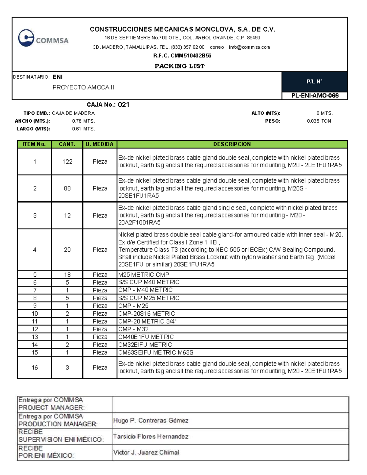 Packing LIST EN Contenedor DNV10150018 - DESTINATARIO: ENI PROYECTO ...