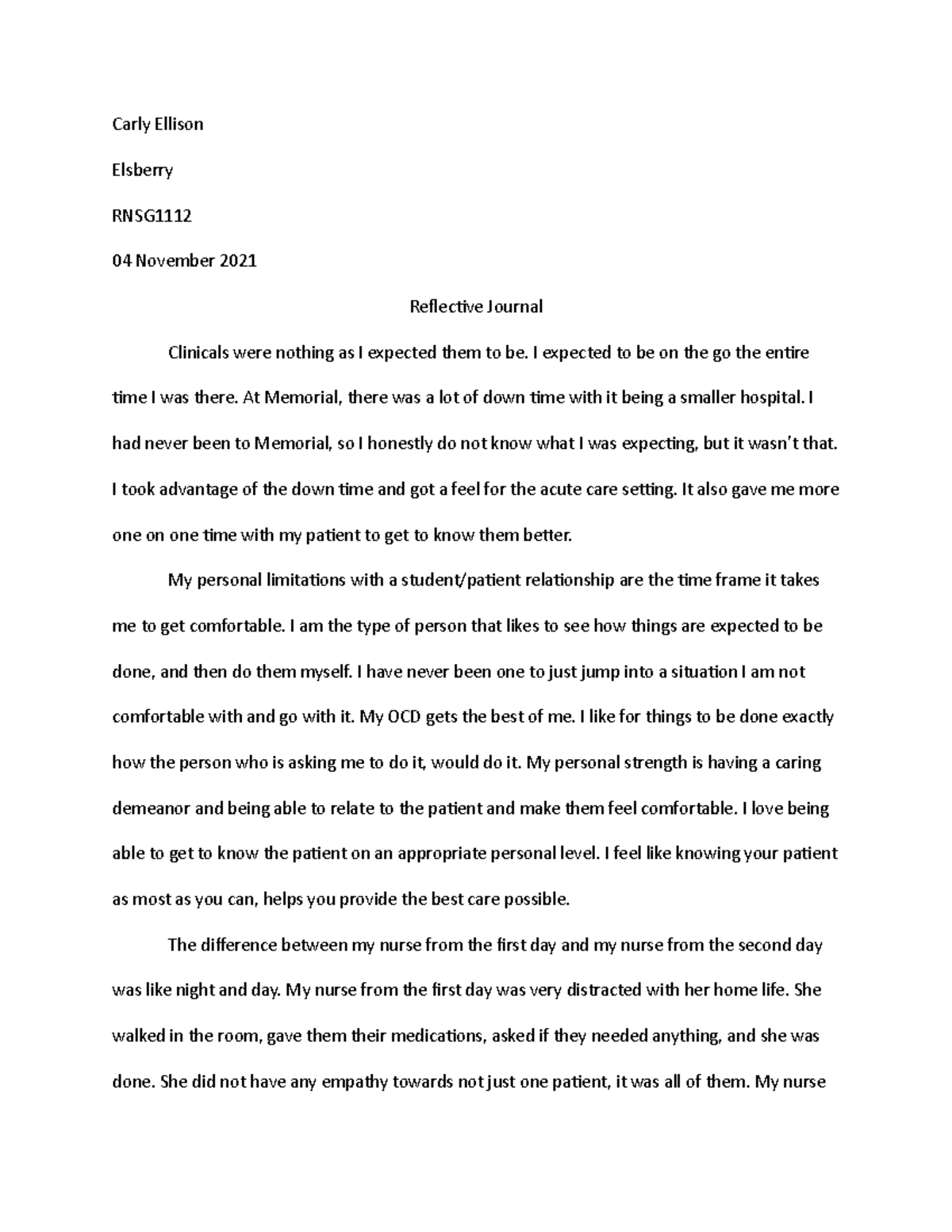 Reflection - Carly Ellison Elsberry RNSG 04 November 2021 Reflective ...