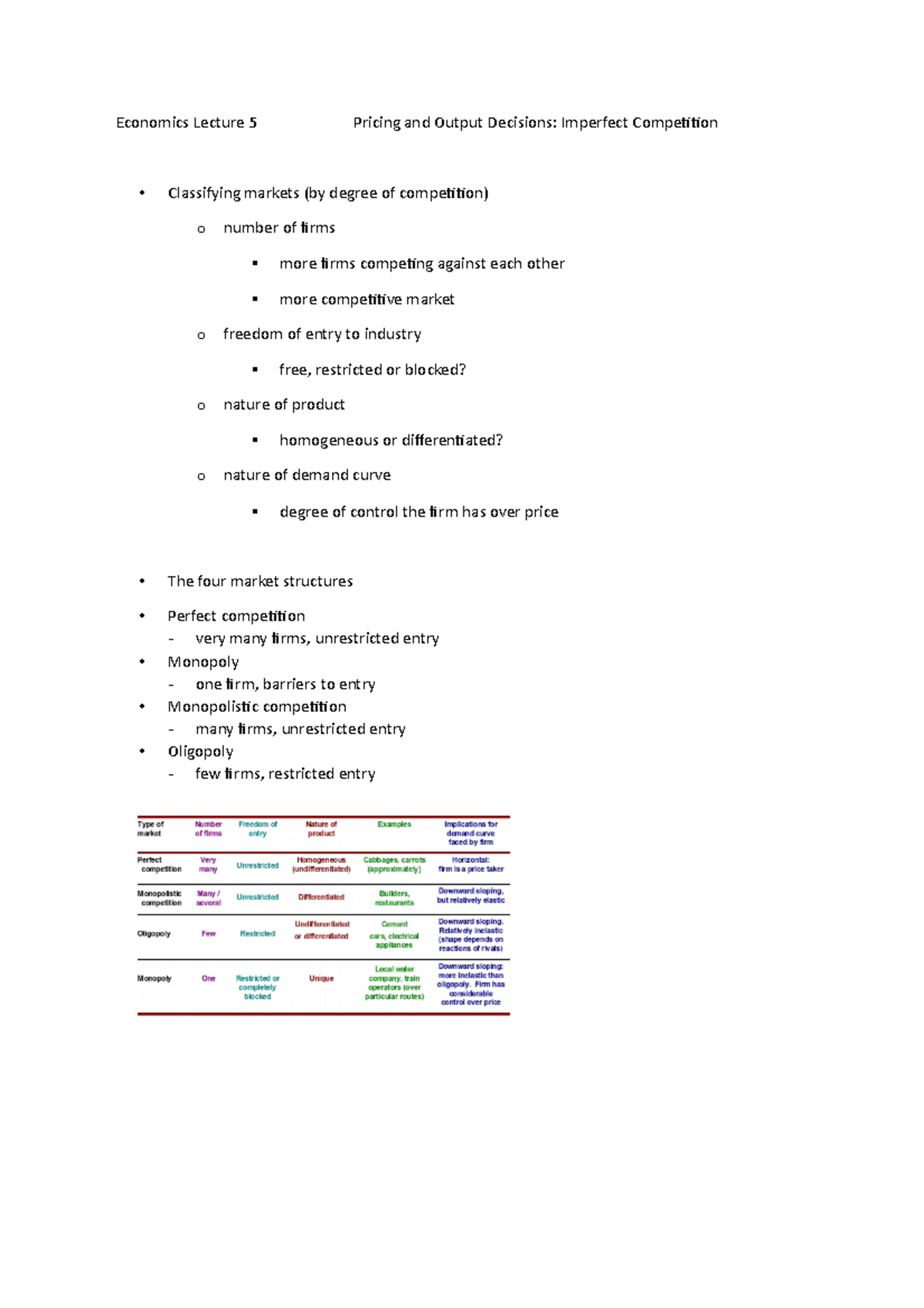 Lecture 5 Pricing and Output Decisions - Economics Lecture 5 Pricing ...
