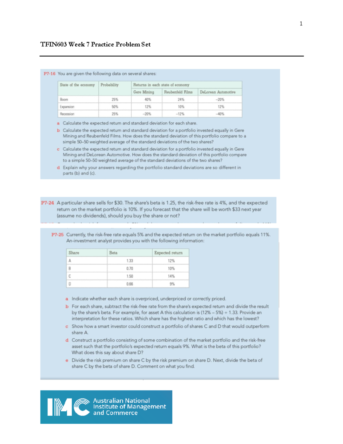 TFIN603 Week 7 Practice Problem Set T1 2023 - 1 TFIN603 Week 7 Practice ...