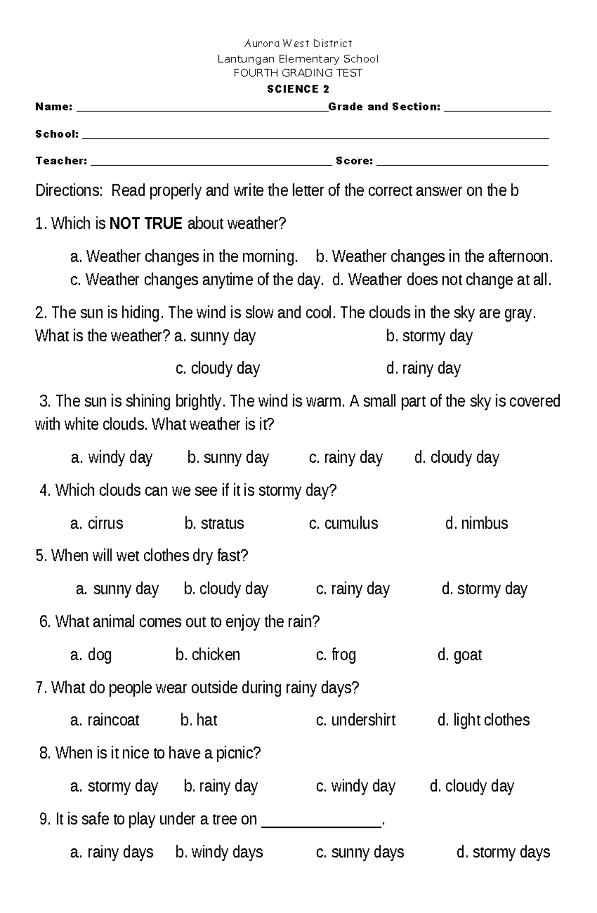 Science -PT - TEST - Aurora West District Lantungan Elementary School ...