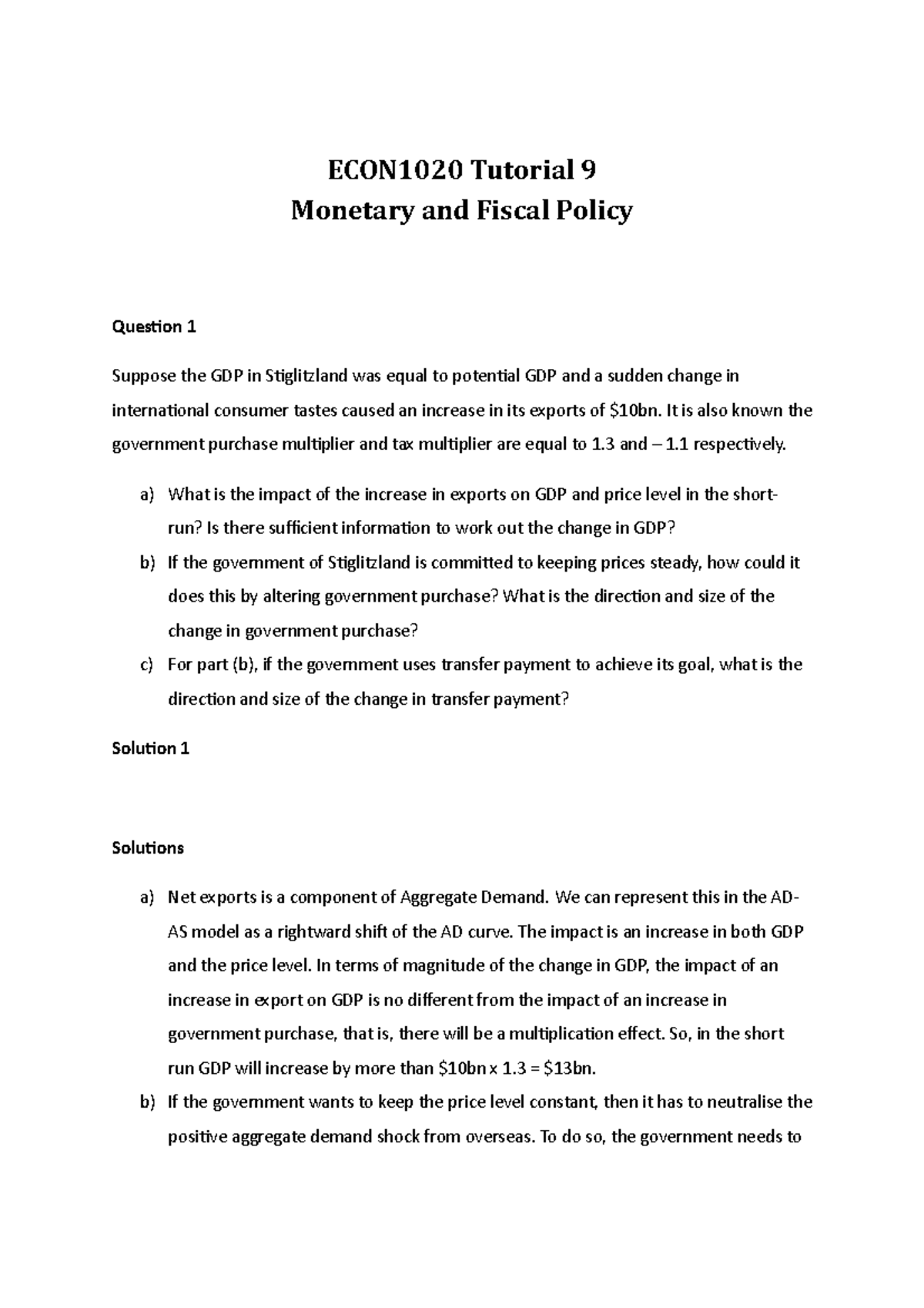 Tute 9S Fiscal & Monetary Policies - ECON1020 Tutorial 9 Monetary and ...