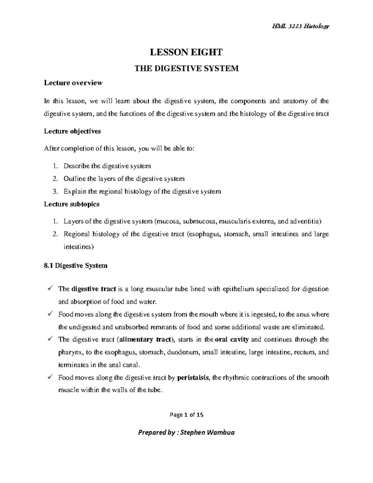 Lesson 8 Digestive System - Page 1 of 15 LESSON EIGHT THE DIGESTIVE ...