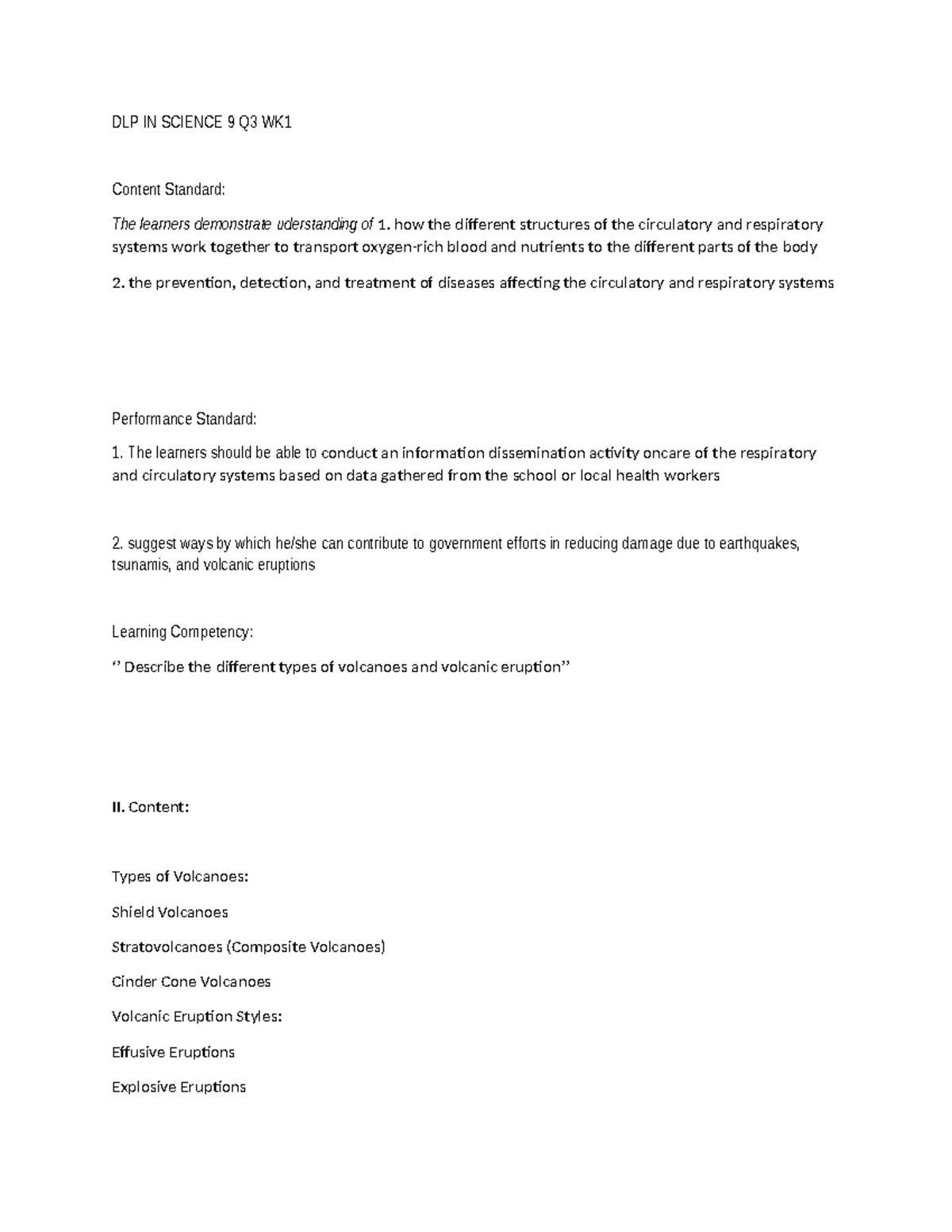 Science 9-q3-wk1 - DLP IN SCIENCE 9 Q3 WK Content Standard: The ...