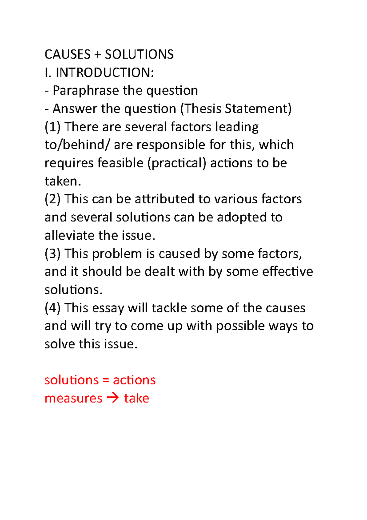 Cause Solution Essay - CAUSES + SOLUTIONS I. INTRODUCTION: Paraphrase ...
