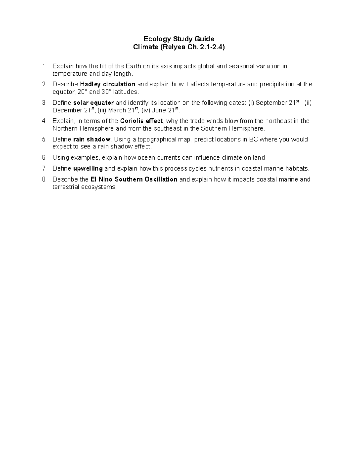 Climate Study Guide - Ecology Study Guide Climate (Relyea Ch. 2.1-2 ...