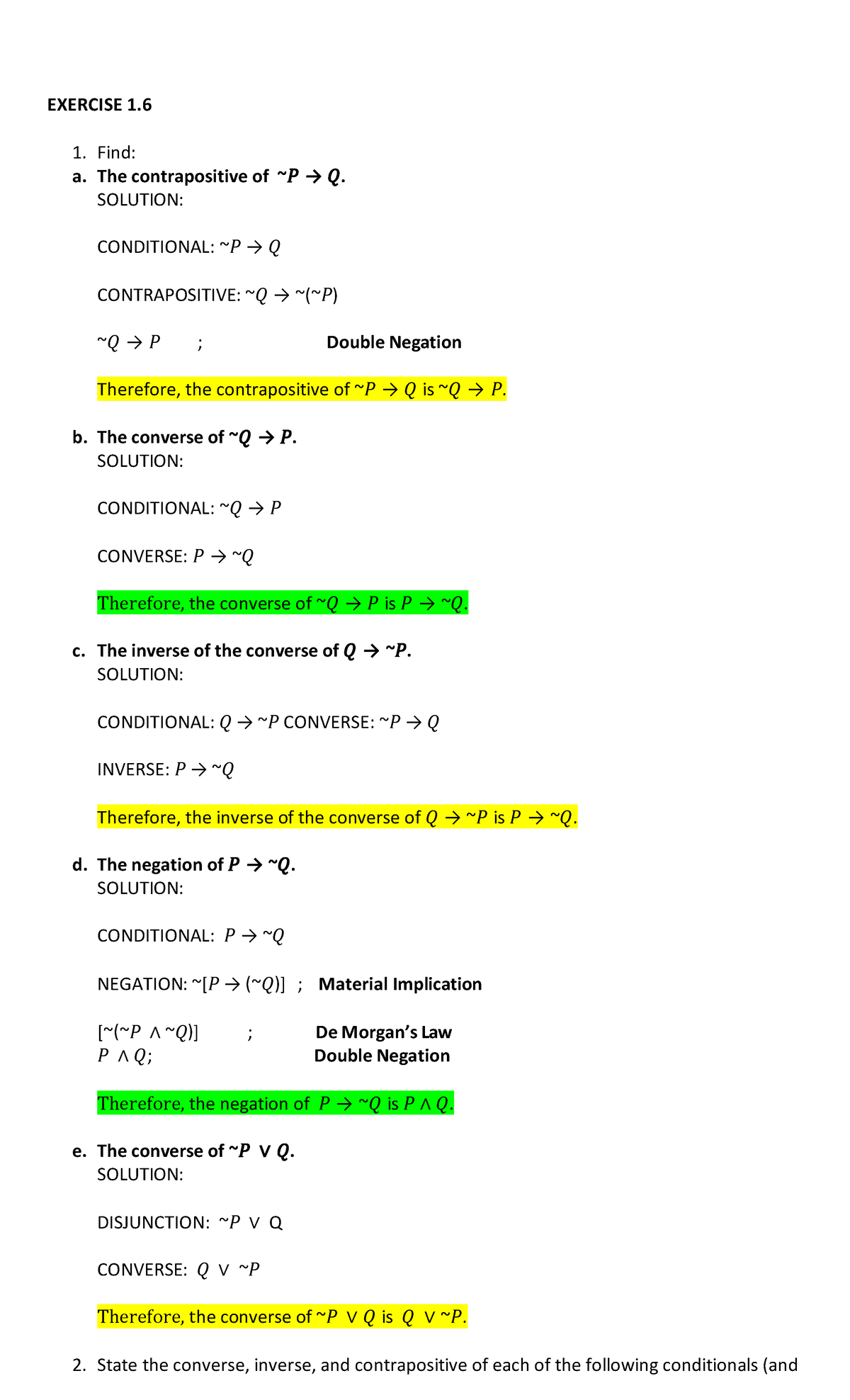 Discrete MATH- Exercise 1.6 - EXERCISE 1. Find: a. The contrapositive ...