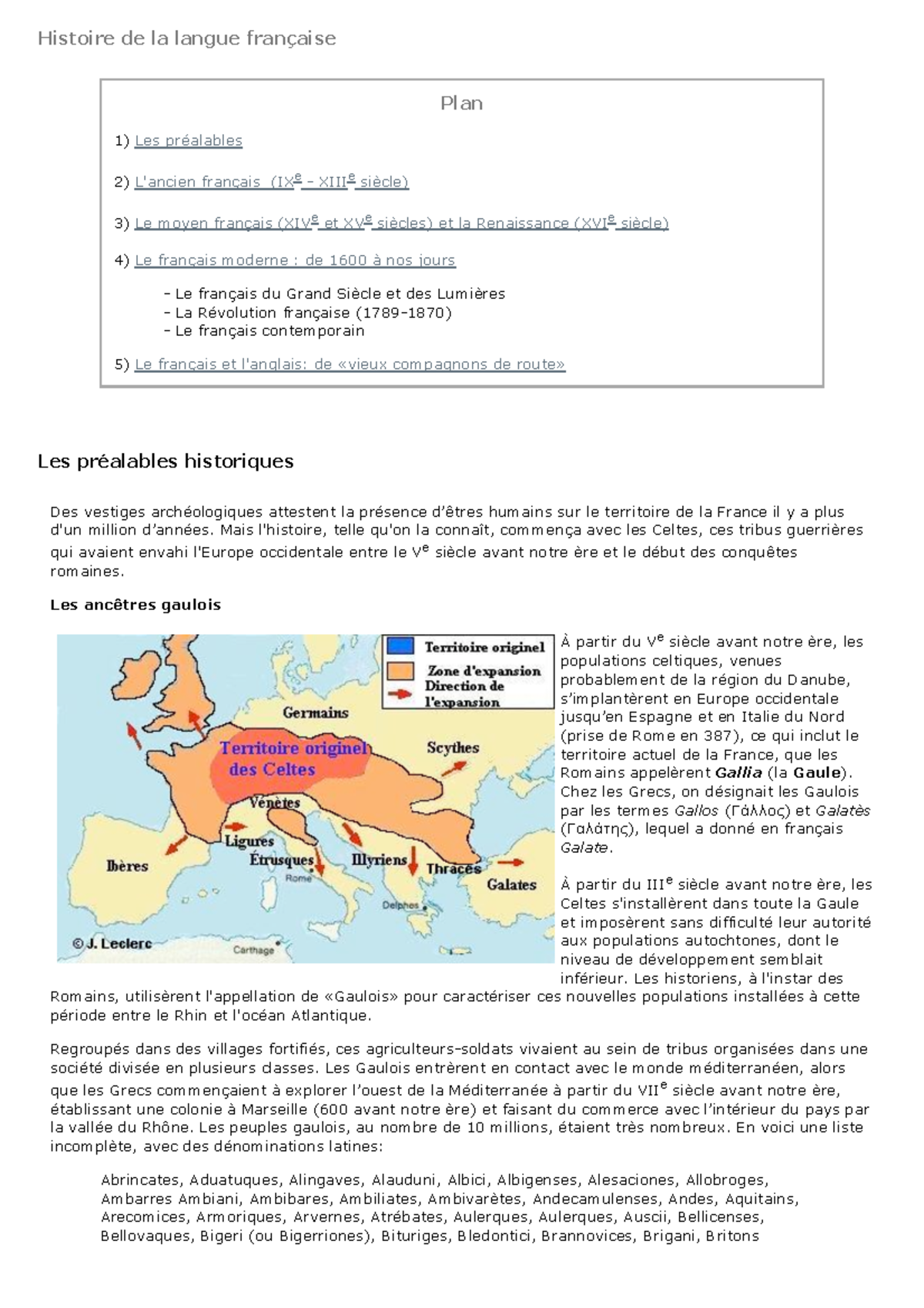 Histoire de la langue francaise - Histoire de la langue française Plan ...