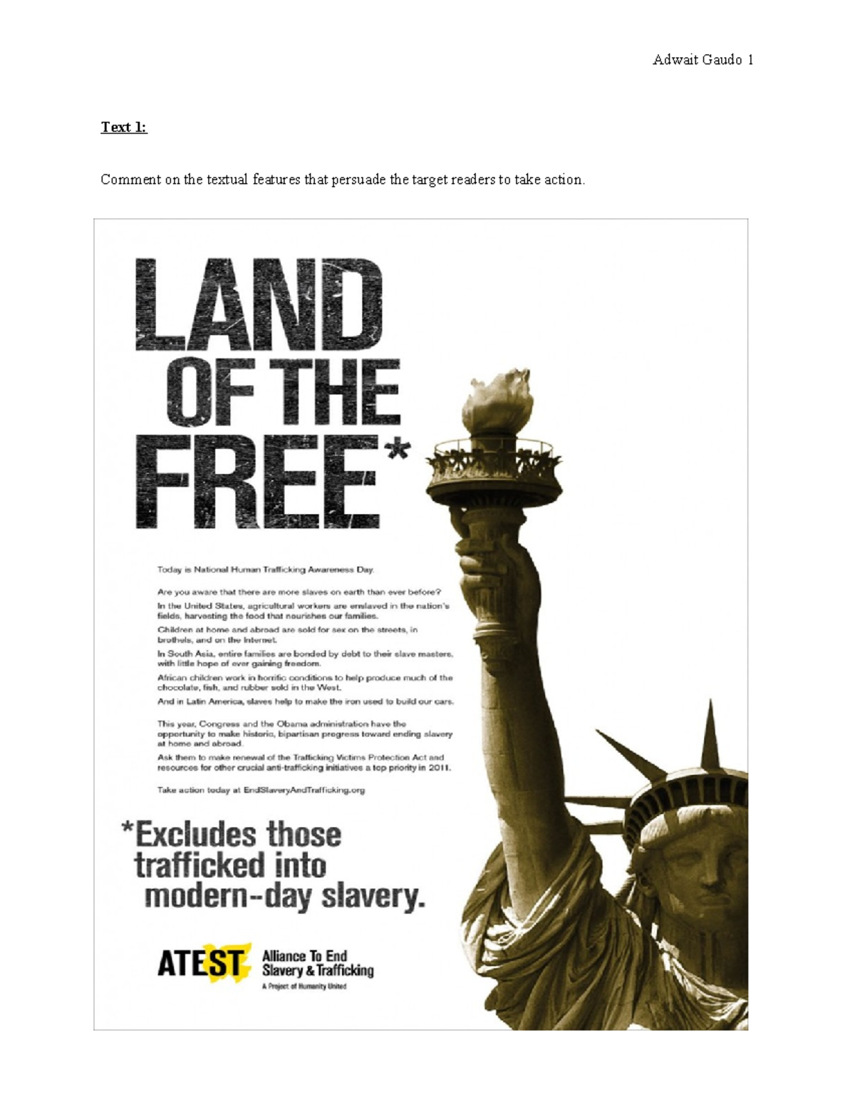 Land of the Free - Adwait Gaudo 1 Text 1: Comment on the textual ...