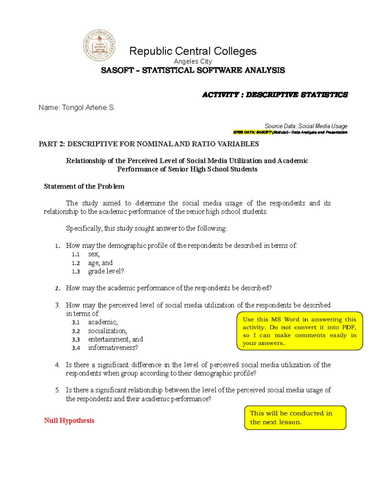 Arlene Tongol - Activity 5.2 Module 5 - Descriptive for Nominal and ...