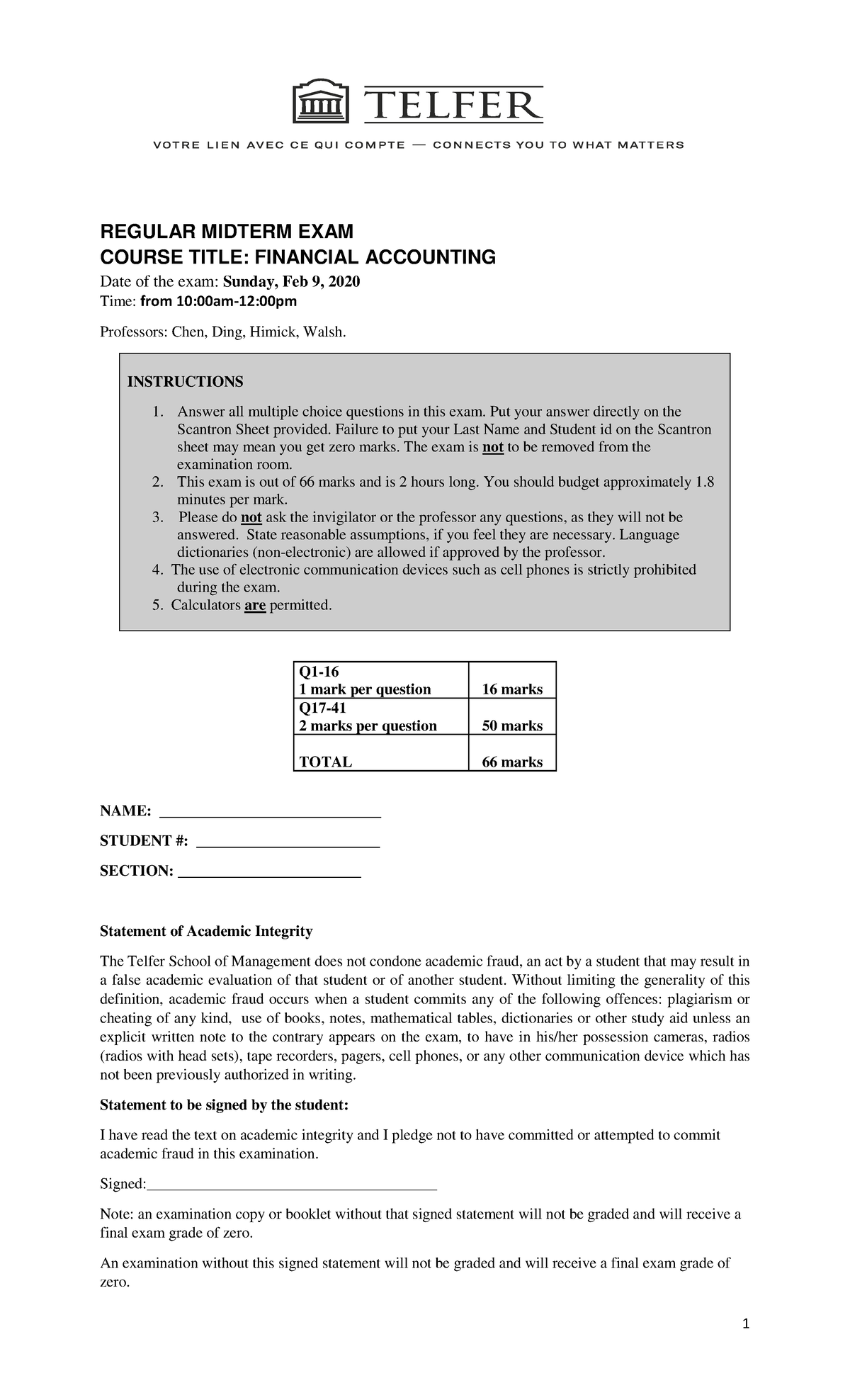 Midterm W2020 w/o Solutions - REGULAR MIDTERM EXAM COURSE TITLE: FINANCIAL ACCOUNTING Date of ...