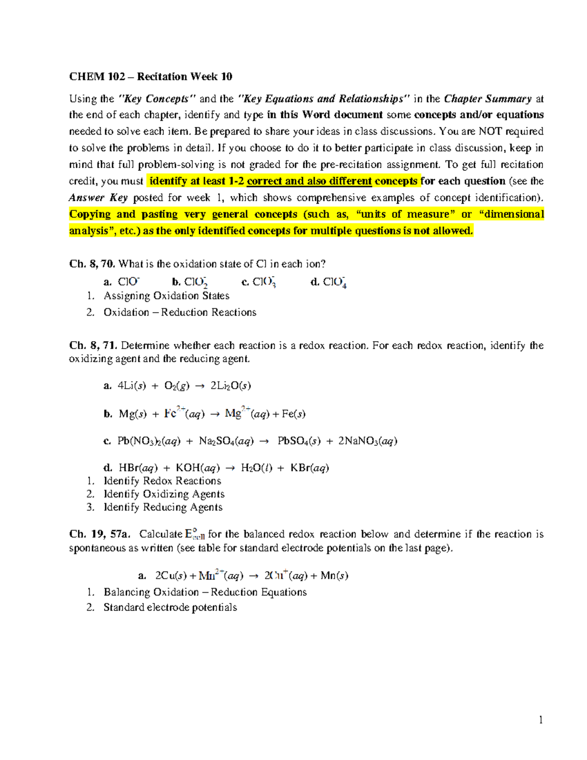 CHEM 102 Recitation Week 10 - 1 CHEM 102 – Recitation Week 10 Using the "Key Concepts" and - Studocu