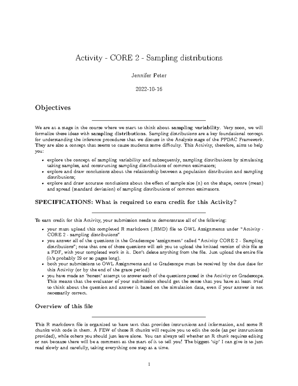 Activity - core 2 - Activity - CORE 2 - Sampling distributions Jennifer Peter 2022-10 ...