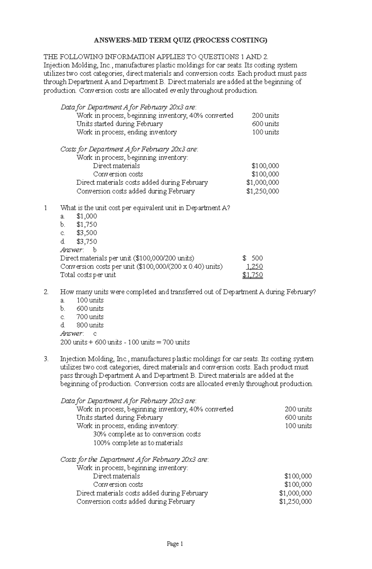 Pdfcoffee - pdf - ANSWERS-MID TERM QUIZ (PROCESS COSTING) THE FOLLOWING INFORMATION APPLIES TO ...