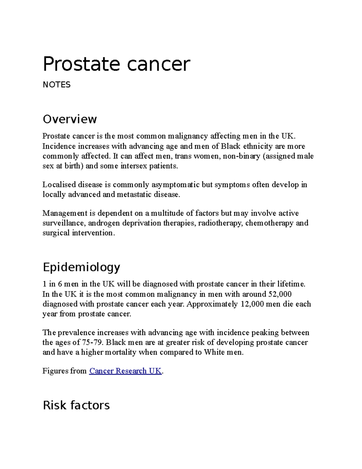 Prostate cancer - Lecture notes 1 - Prostate cancer NOTES Overview ...