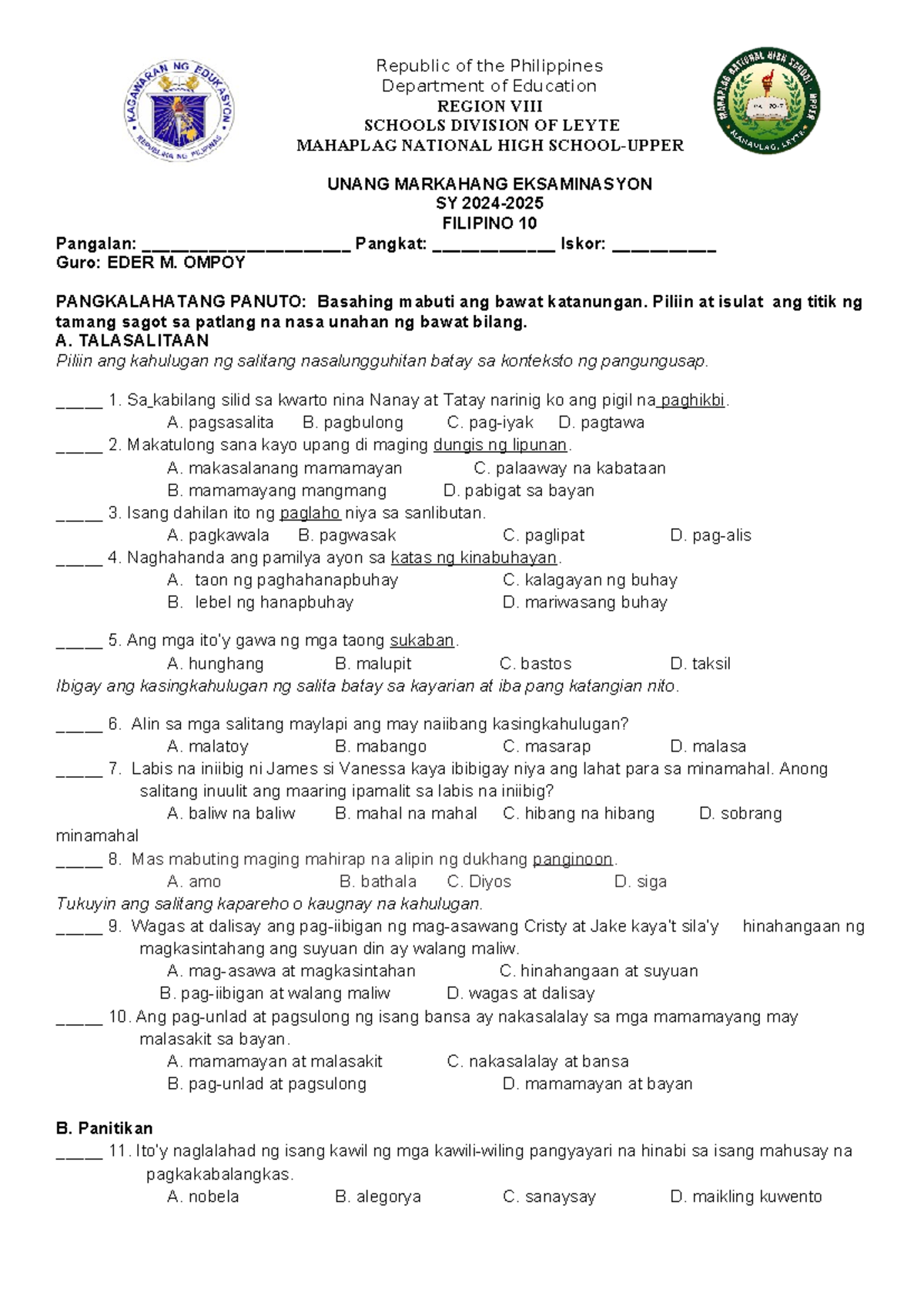 1ST Quarter EXAM Filipino - Republic of the Philippines Department of ...