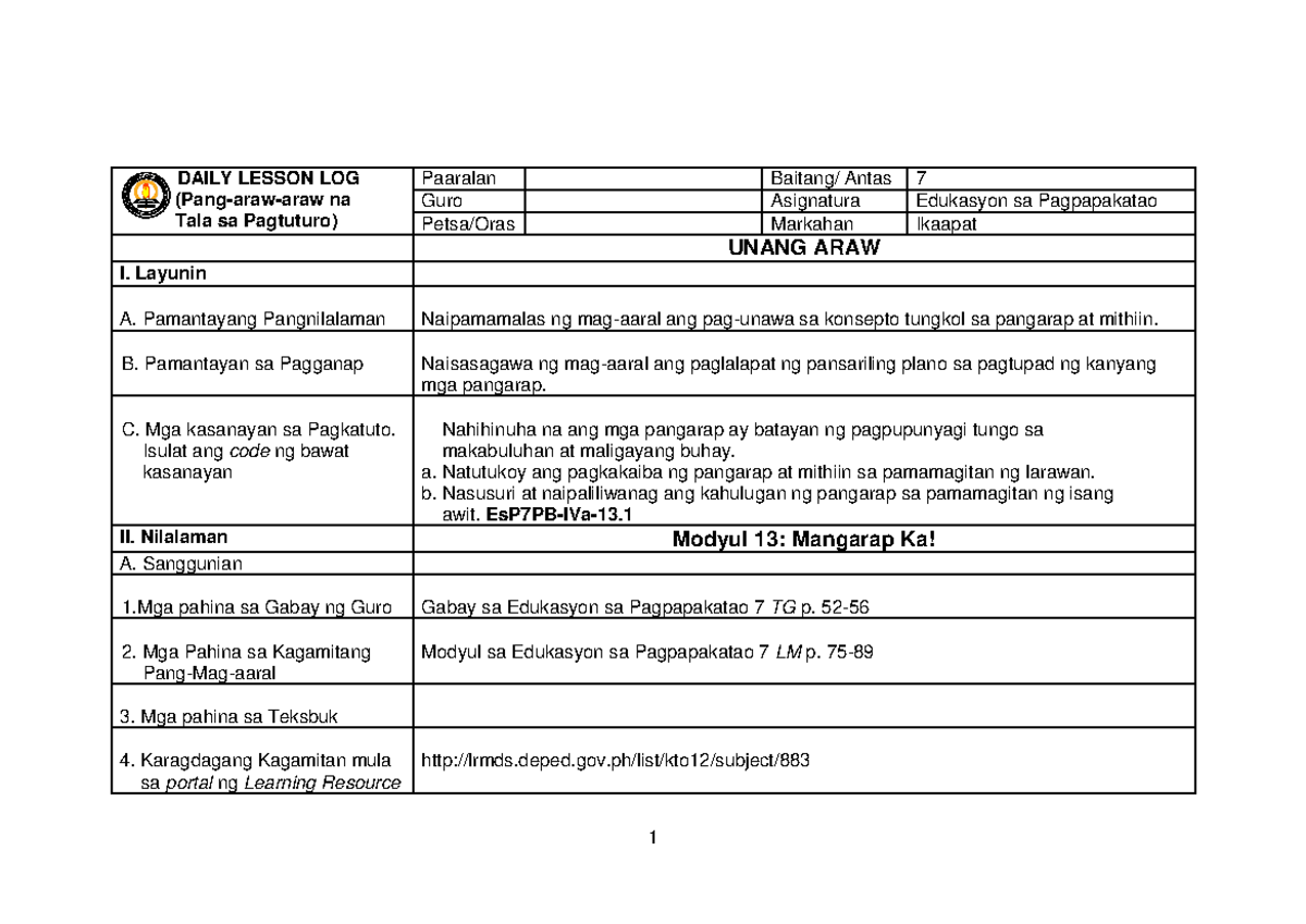 DLL-ESP-7 - Notes - DAILY LESSON LOG (Pang-araw-araw na Tala sa ...