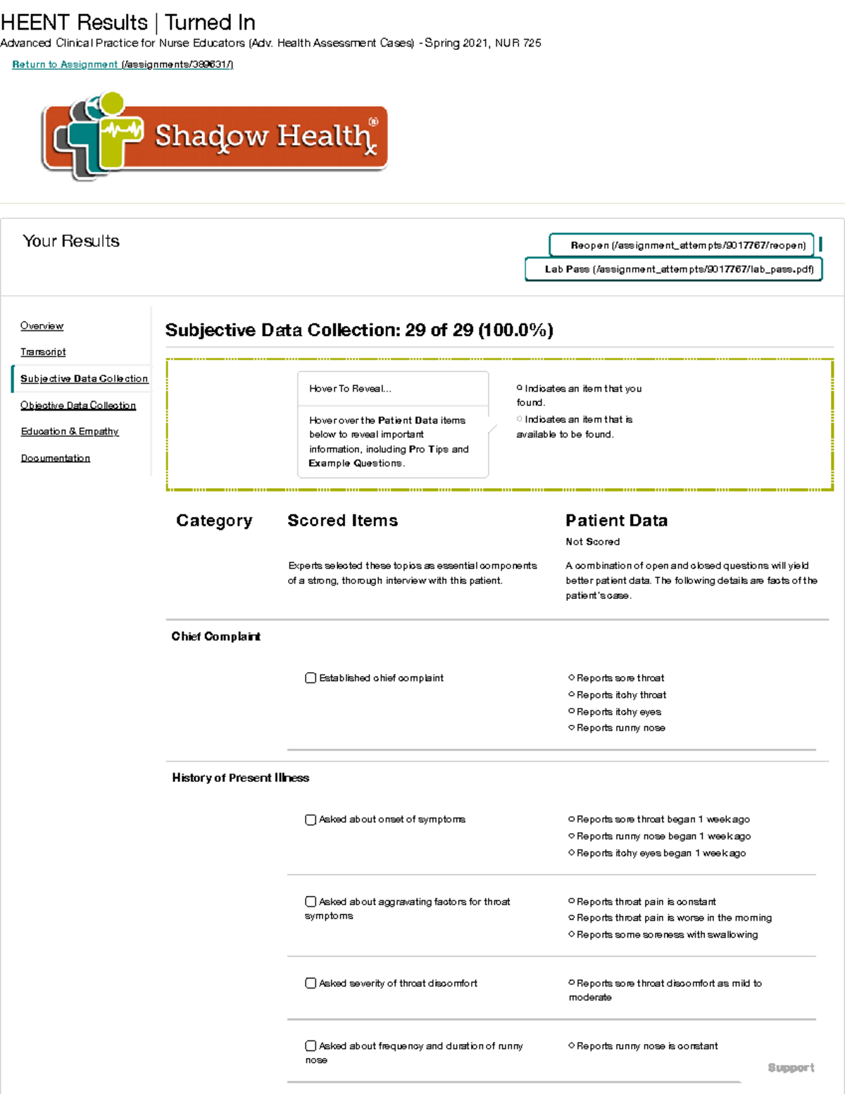 Heent Completed Shadow Health - HEENT Results | Turned In Advanced ...
