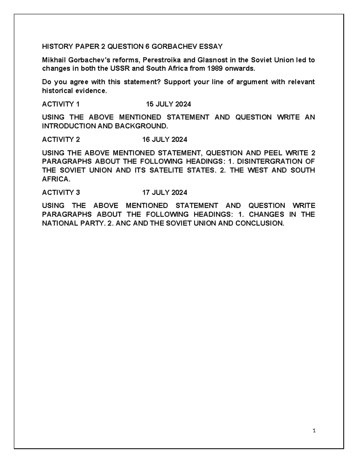 Gorbachev Activities AND Notes - HISTORY PAPER 2 QUESTION 6 GORBACHEV ...