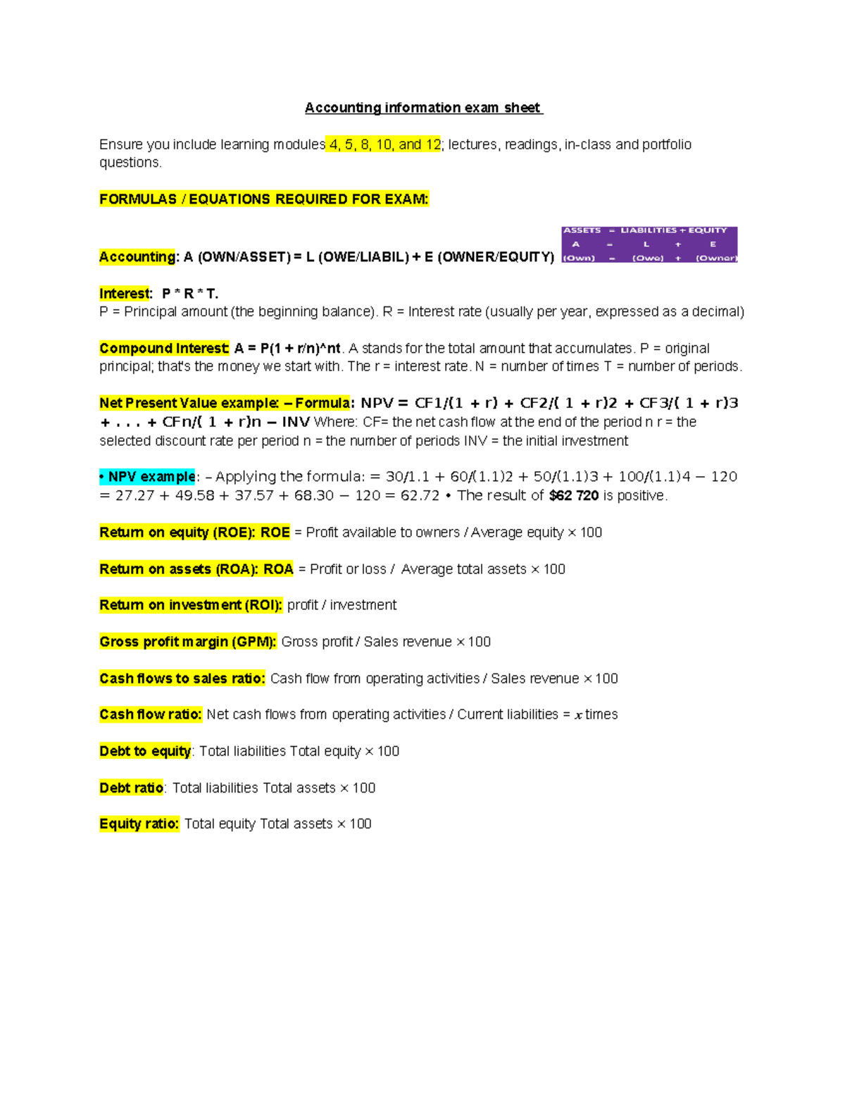Accounting information exam cheat sheet - Accounting information exam sheet Ensure you include ...