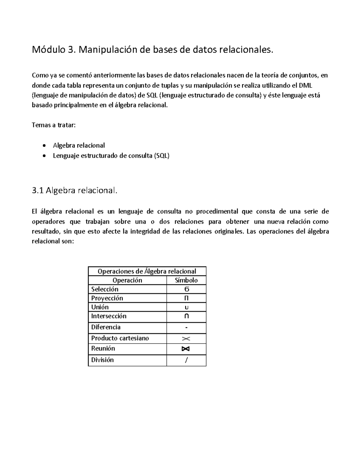 Modulo 3 Algebra relacional y lenguaje SQL - MÛdulo 3. ManipulaciÛn de ...