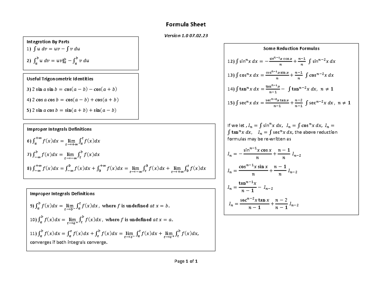 Formual Sheets Midterm Test Winter 2023 Ver 07.02.23 12.00 Hrs4 - Page ...