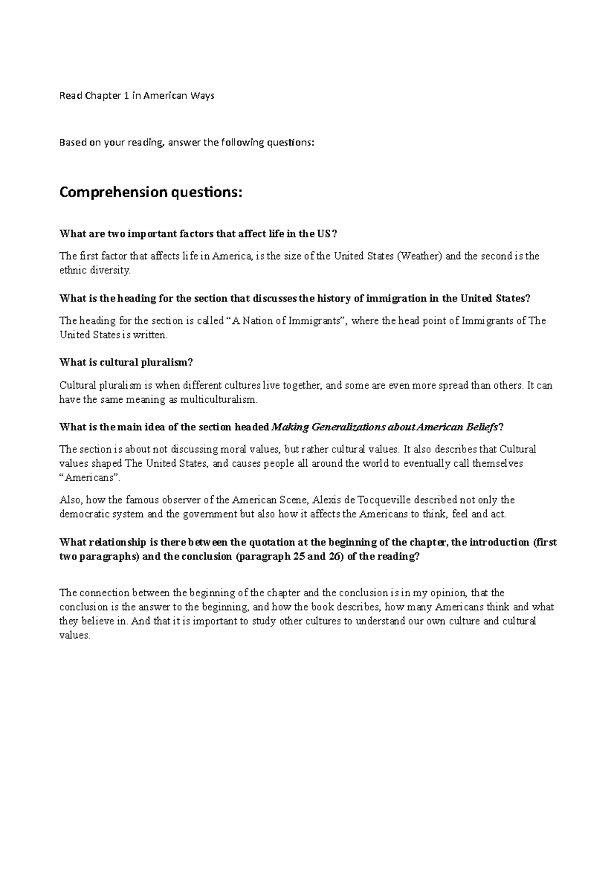 American Ways Comprehension questions - Read Chapter 1 in American Ways ...