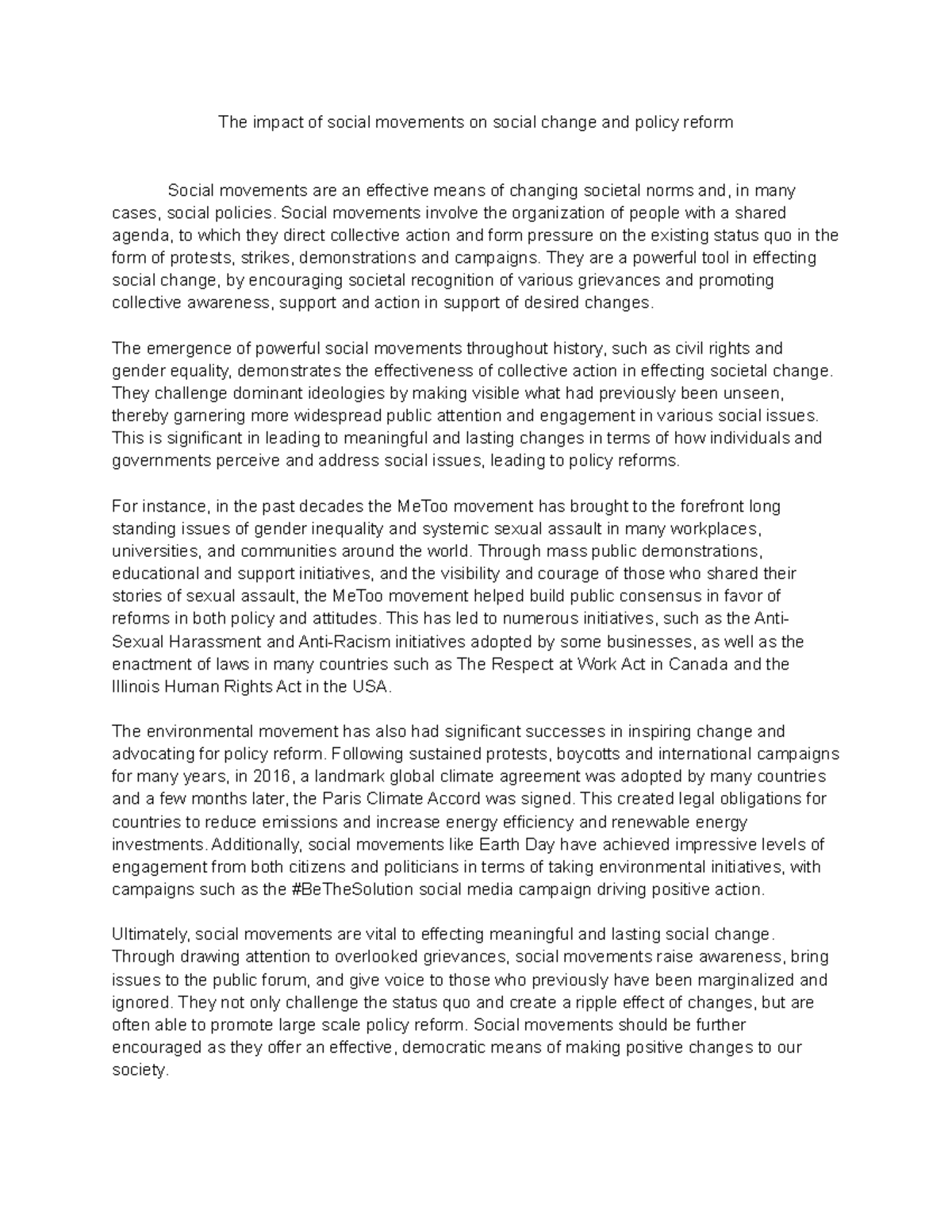 The impact of social movements on social change and policy reform ...