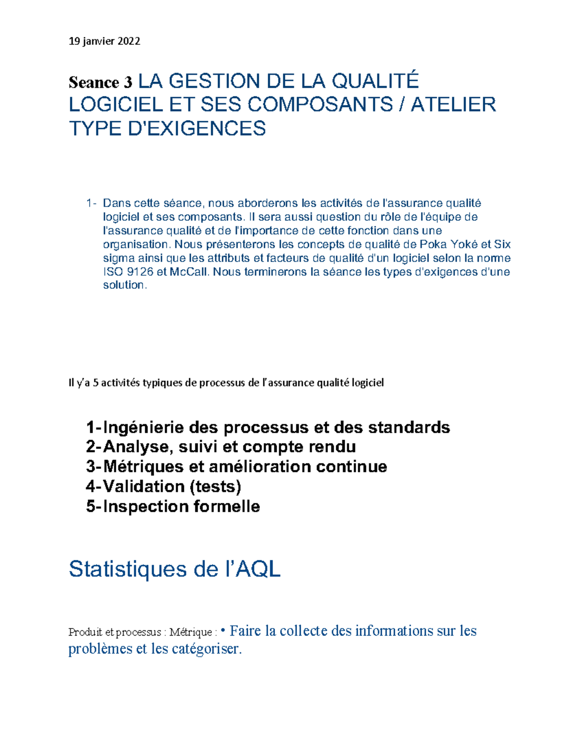 Seance 3 LA Gestion DE LA Qualité Logiciel ET SES Composants - Seance 3 ...