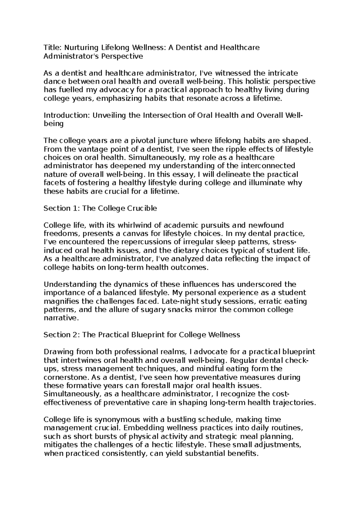 Essay - Healthcare change of course - Title: Nurturing Lifelong ...