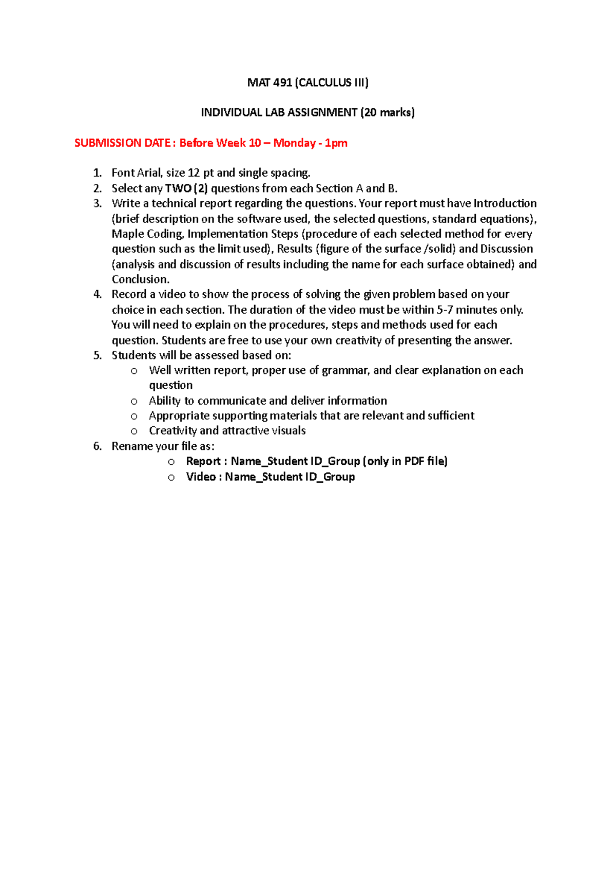 Lab Assignment Mat 491 Mat 491 Calculus Iii Individual Lab Assignment 20 Marks Submission 