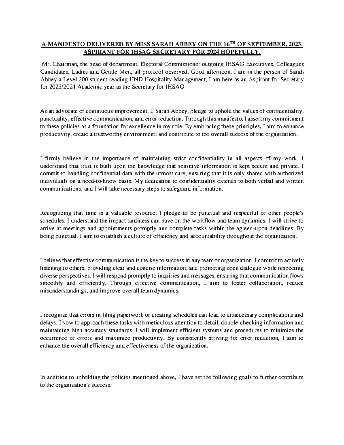 Sarah - mmbv - A MANIFESTO DELIVERED BY MISS SARAH ABBEY ON THE 16TH OF ...