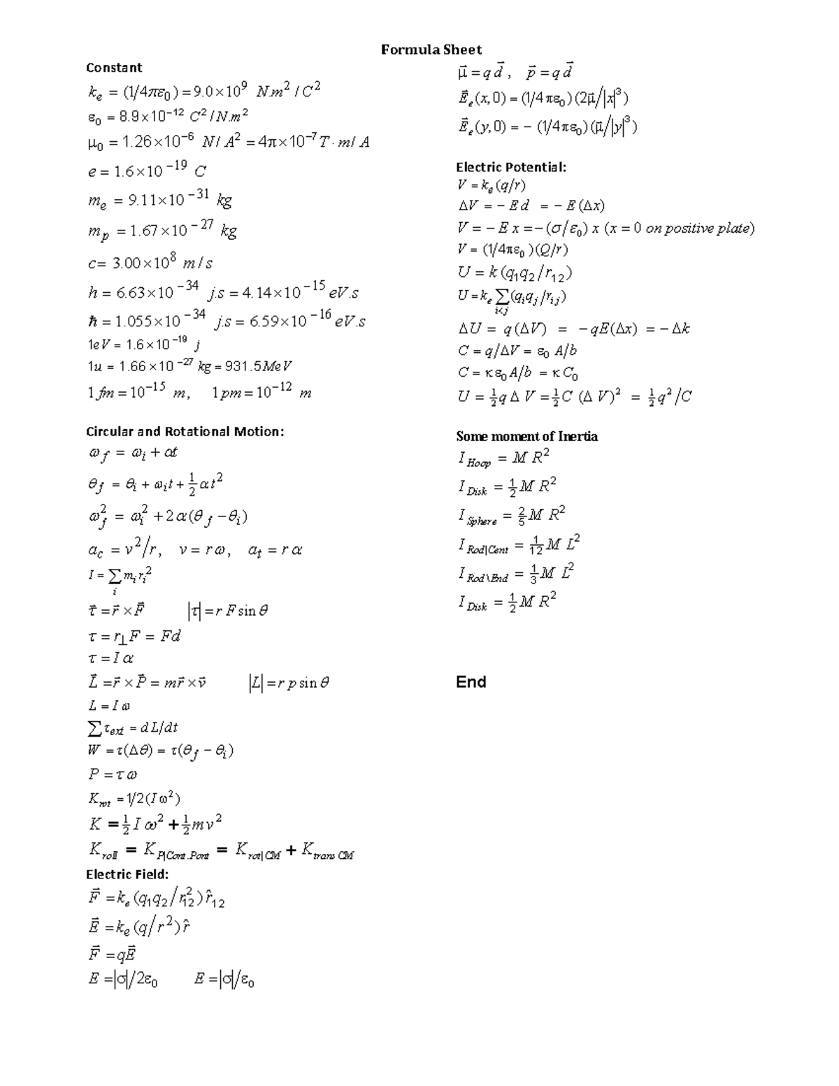 Lon capp 2 physics - Formula Sheet Constant 9 2 2 ke ( 1 4 SH 0 ) 9. 0 ...