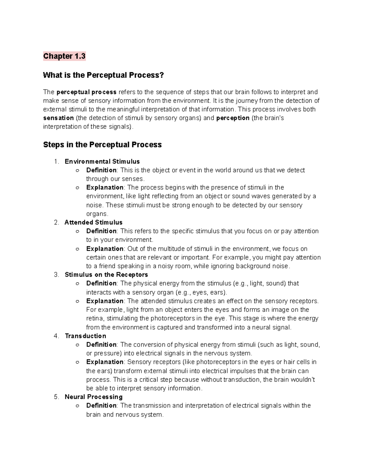 315 midterm 1 notes - Chapter 1. What is the Perceptual Process? The ...