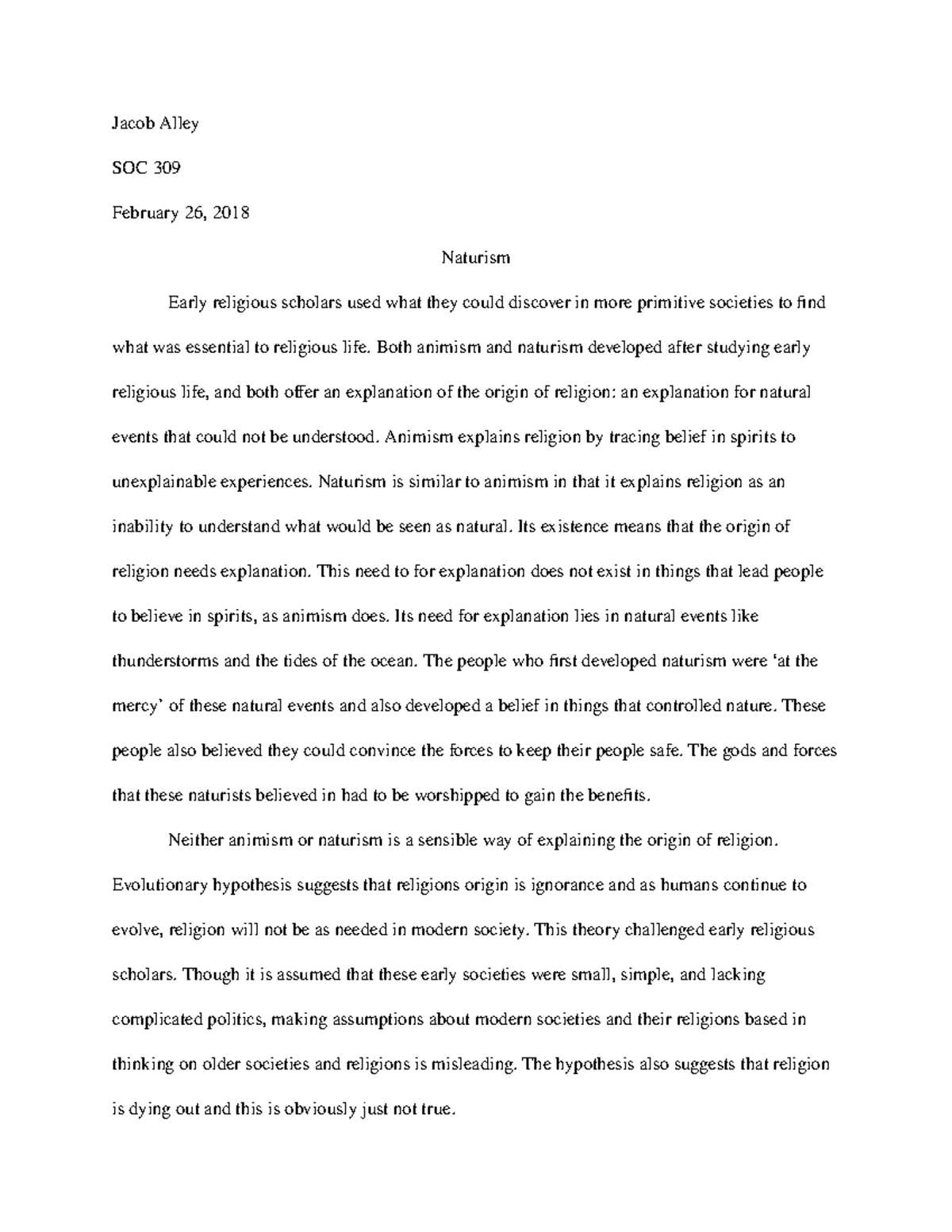 SOC Assignment 5 - Jacob Alley SOC 309 February 26, 2018 Naturism Early ...