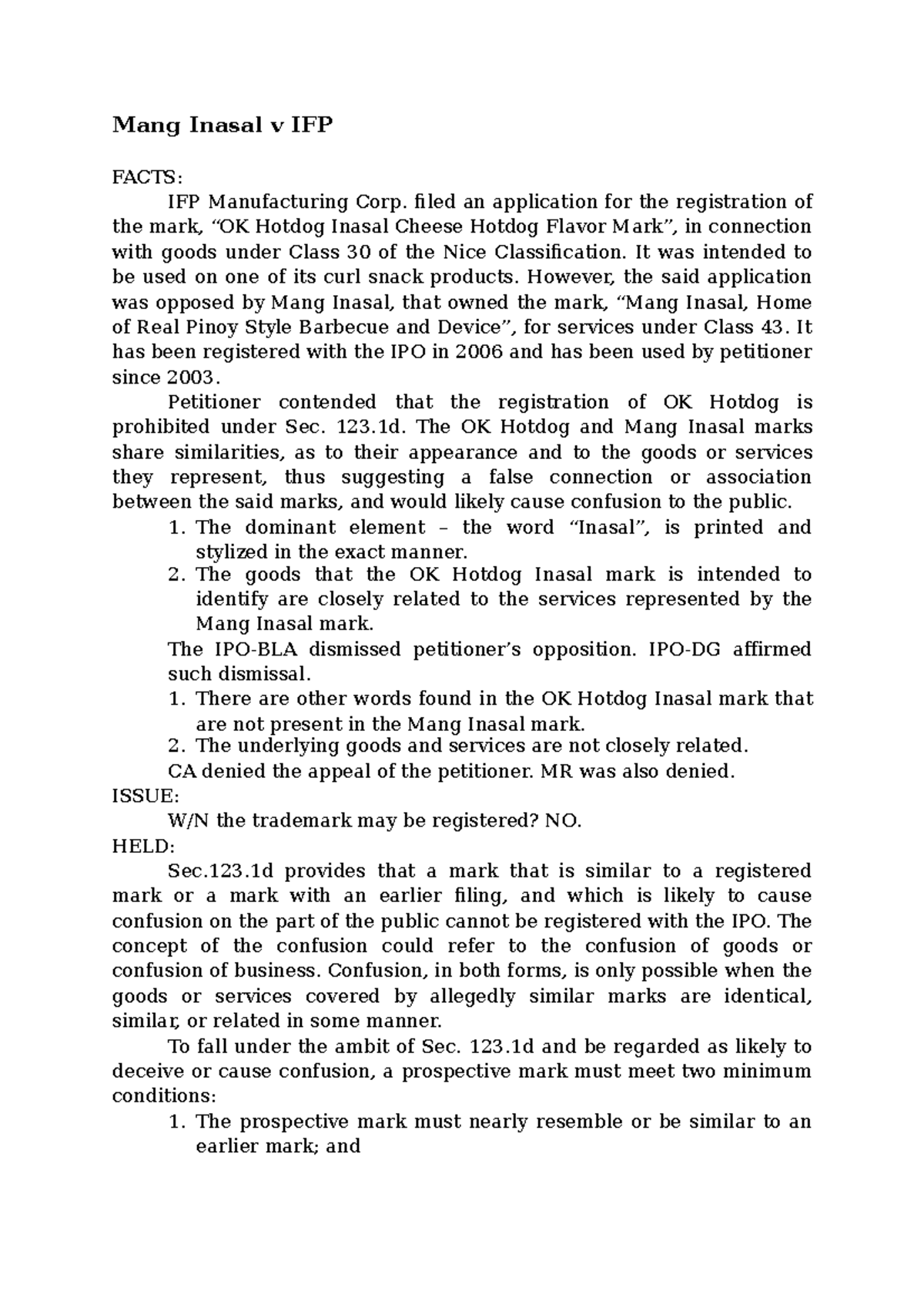 392341854 Mang Inasal v IFP - Mang Inasal v IFP FACTS: IFP ...