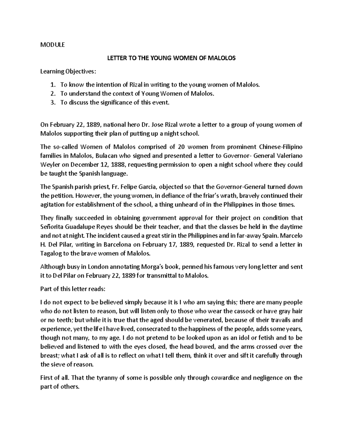 Module Letter TO THE Young Women OF Malolos - MODULE LETTER TO THE ...