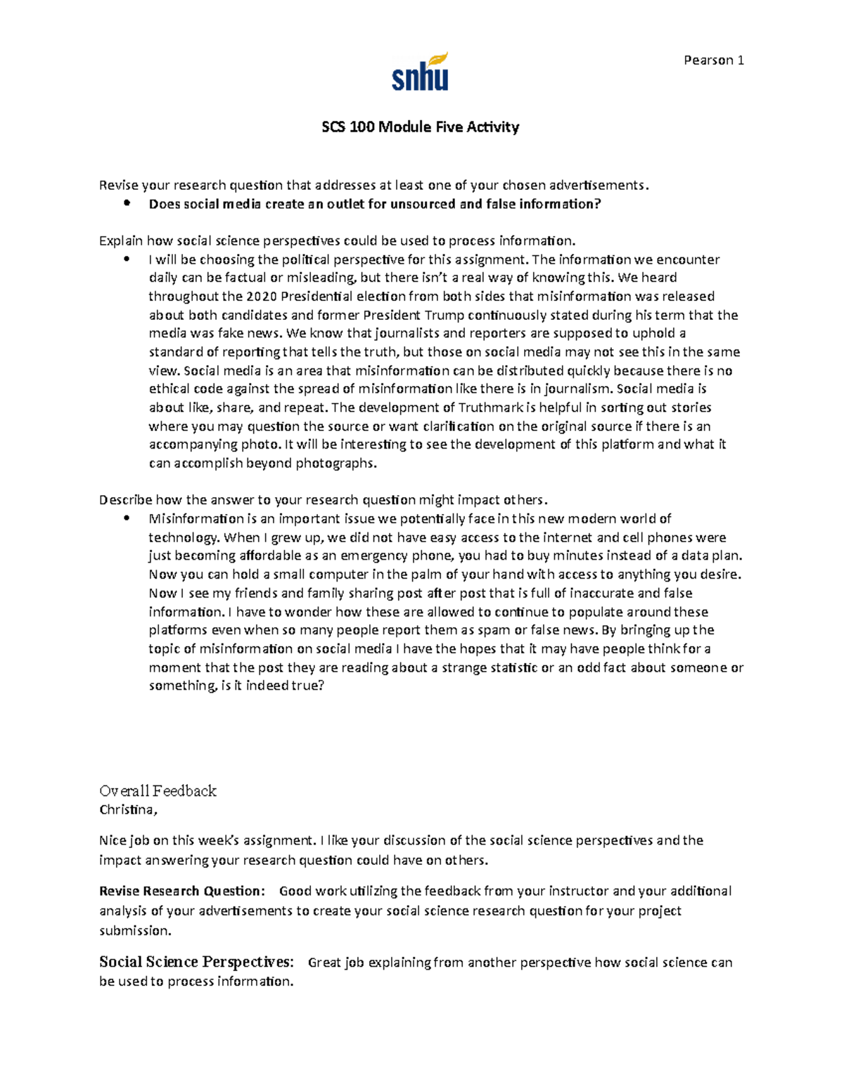 SCS 100 Module Five Activity Assignment- Christina Pearson - Pearson 1 SCS 100 Module Five ...