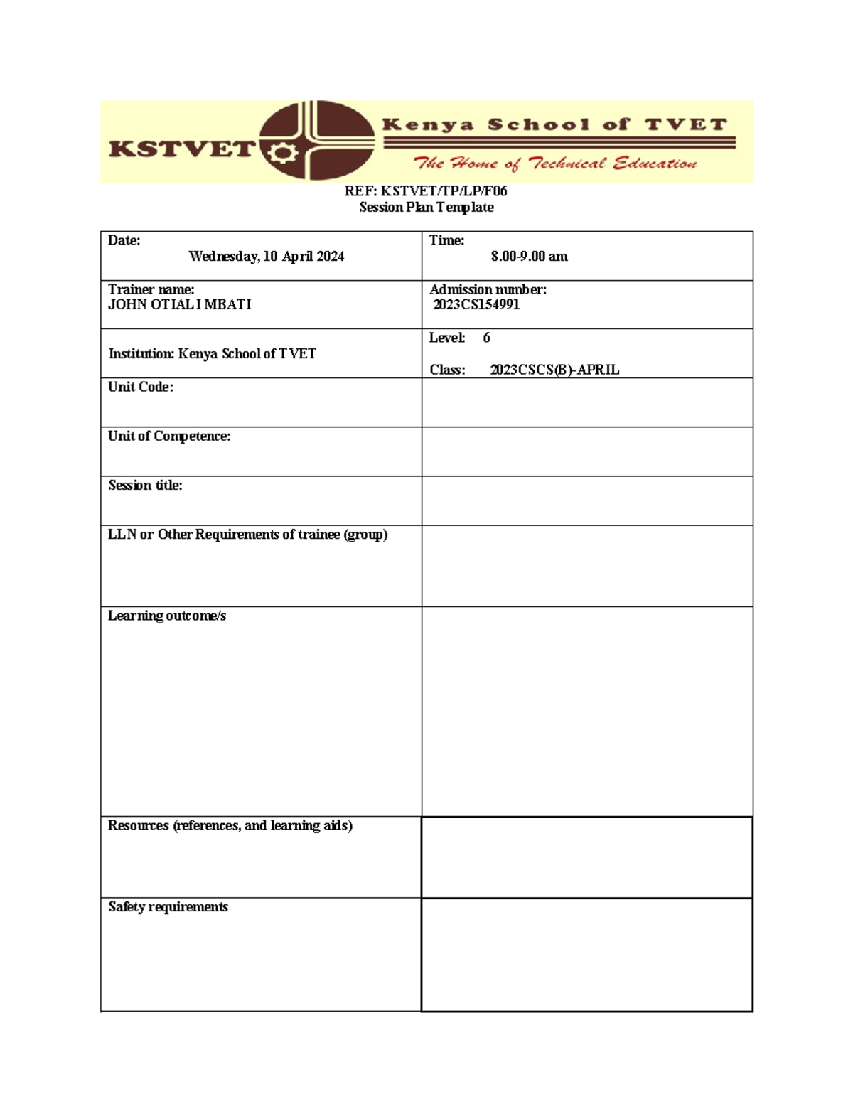 Session Plan for education - REF: KSTVET/TP/LP/F Session Plan Template ...