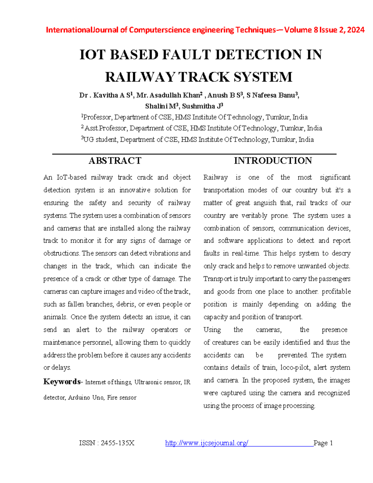 Ijcse-V8I2P4 - IOT BASED FAULT DETECTION IN RAILWAY TRACK SYSTEM Dr. Kavitha A S 1 , Mr ...