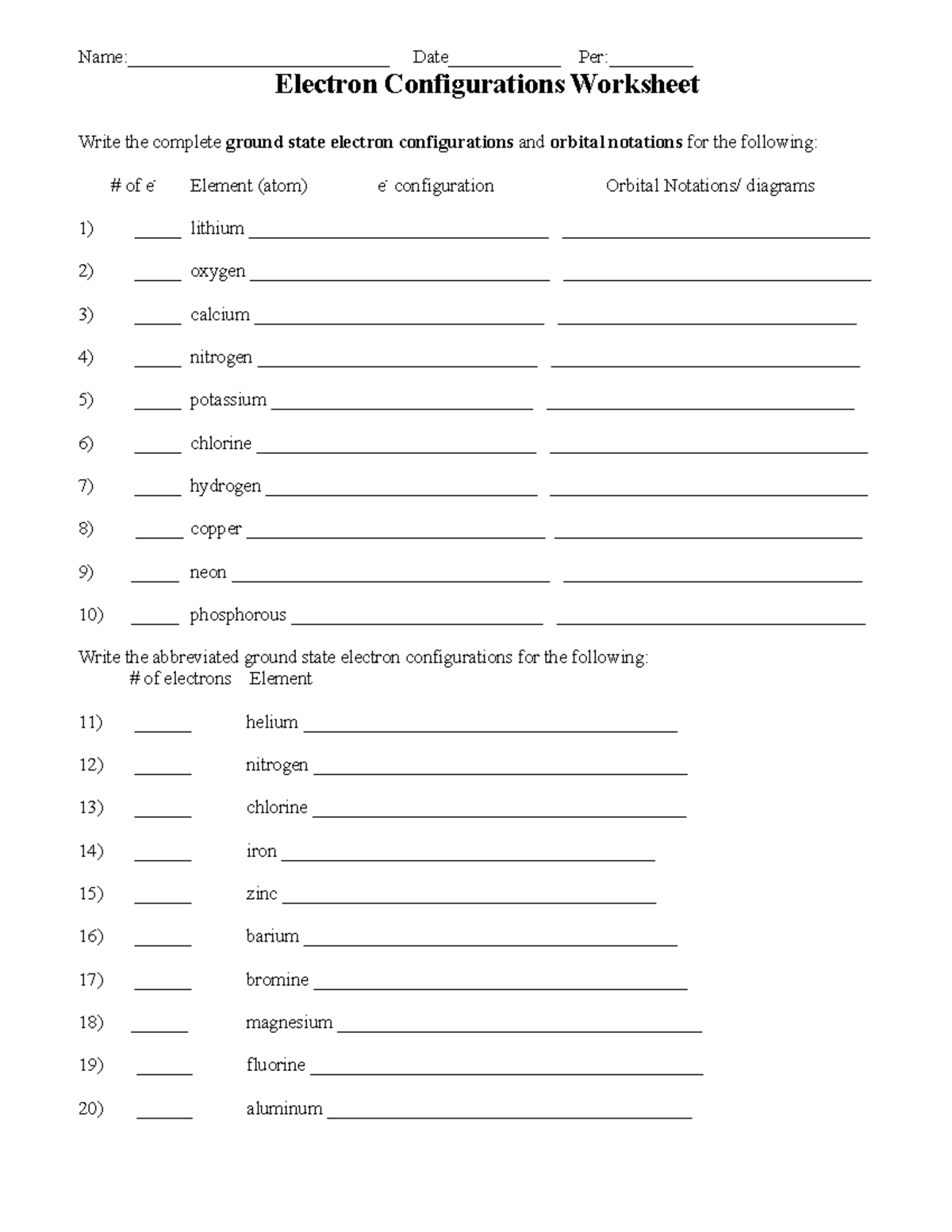 Electron Configurations Worksheets - Name ...