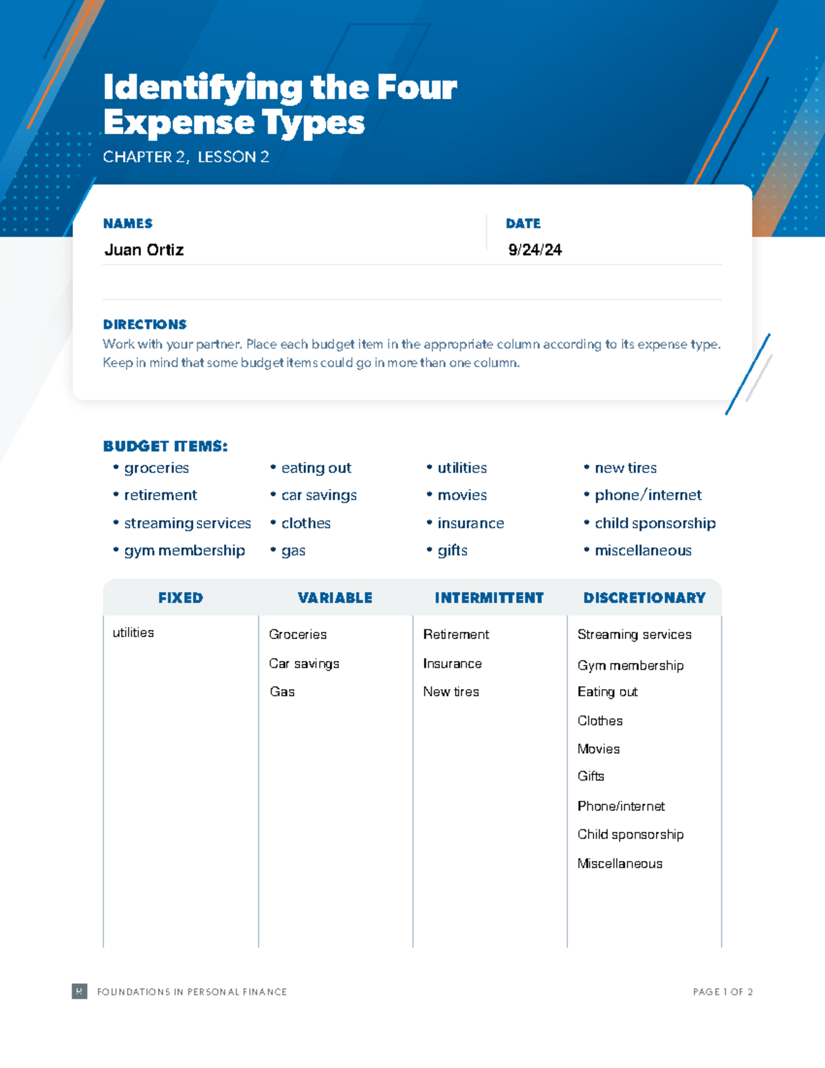 Identifying the Four Expense Types Completed - Identifying the Four ...