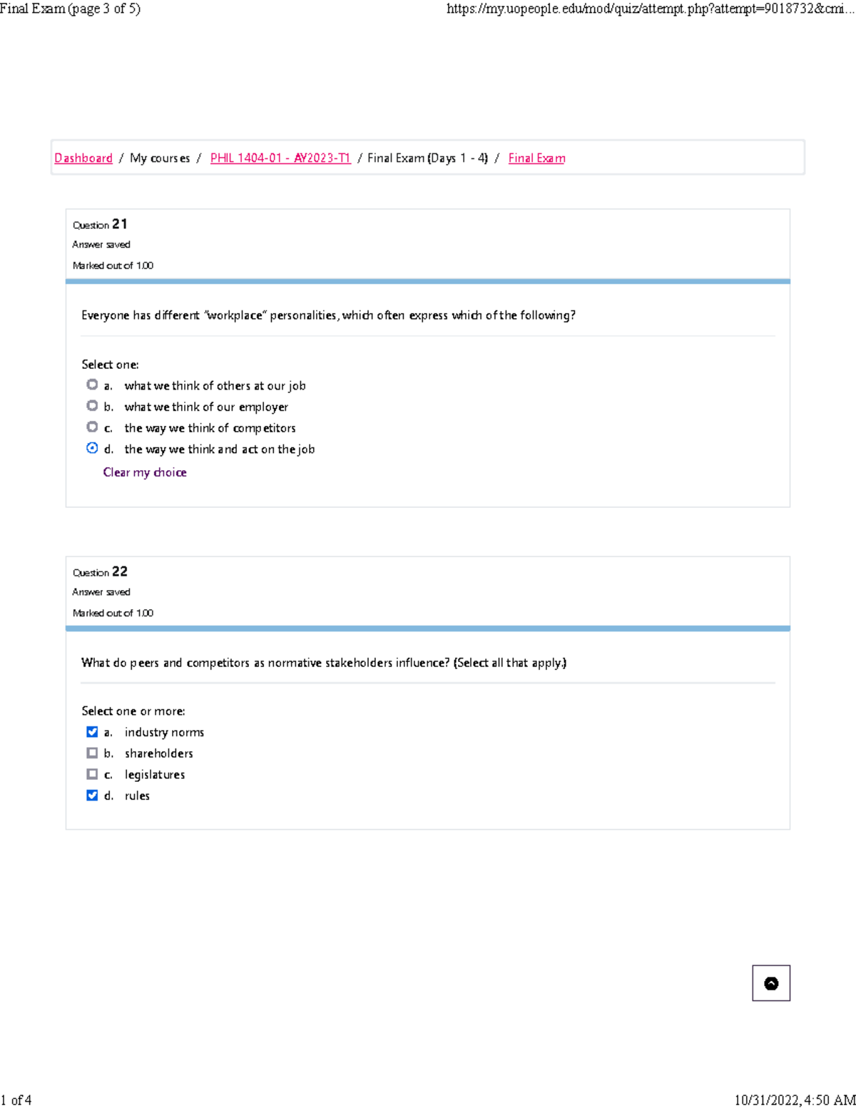 PHIL1404 Final EXAM PG3 OF PG5 - Question 21 Answer saved Marked out of 1. Question 22 Answer ...