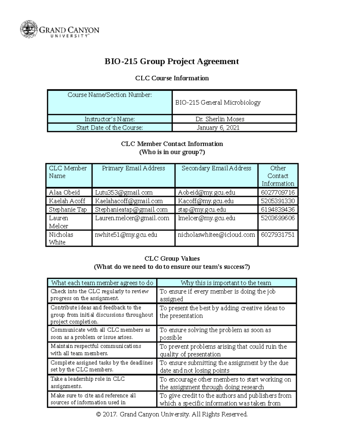 Group Project Agreement - Sherlin Moses Start Date of the Course ...