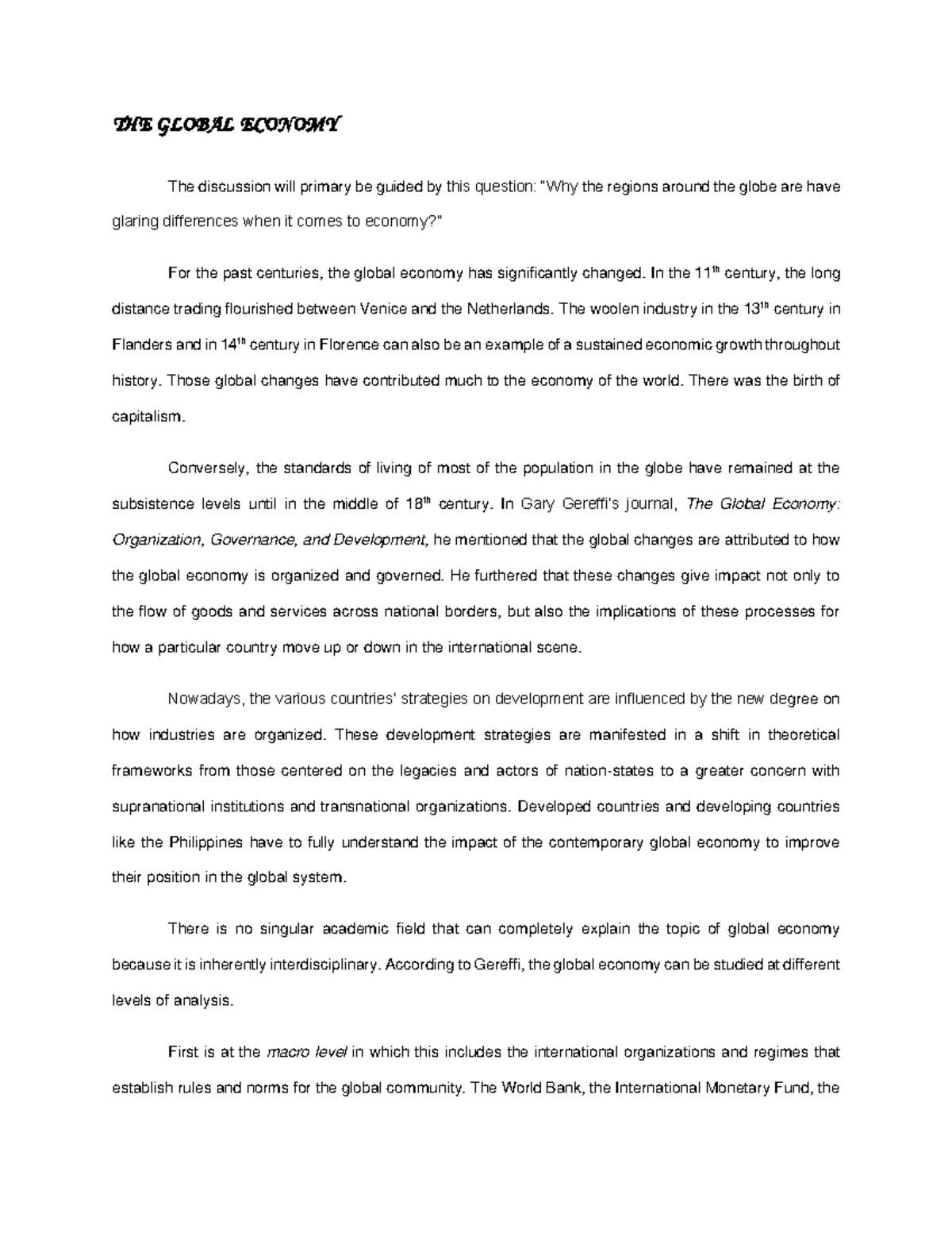 TCWD Week 2-The Global Economy Lecture - THE GLOBAL ECONOMY The ...