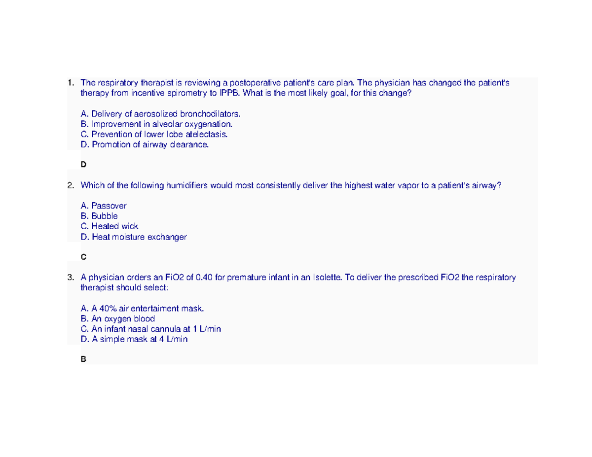 RRT exam examples part 3 - The respiratory therapist is reviewing a ...