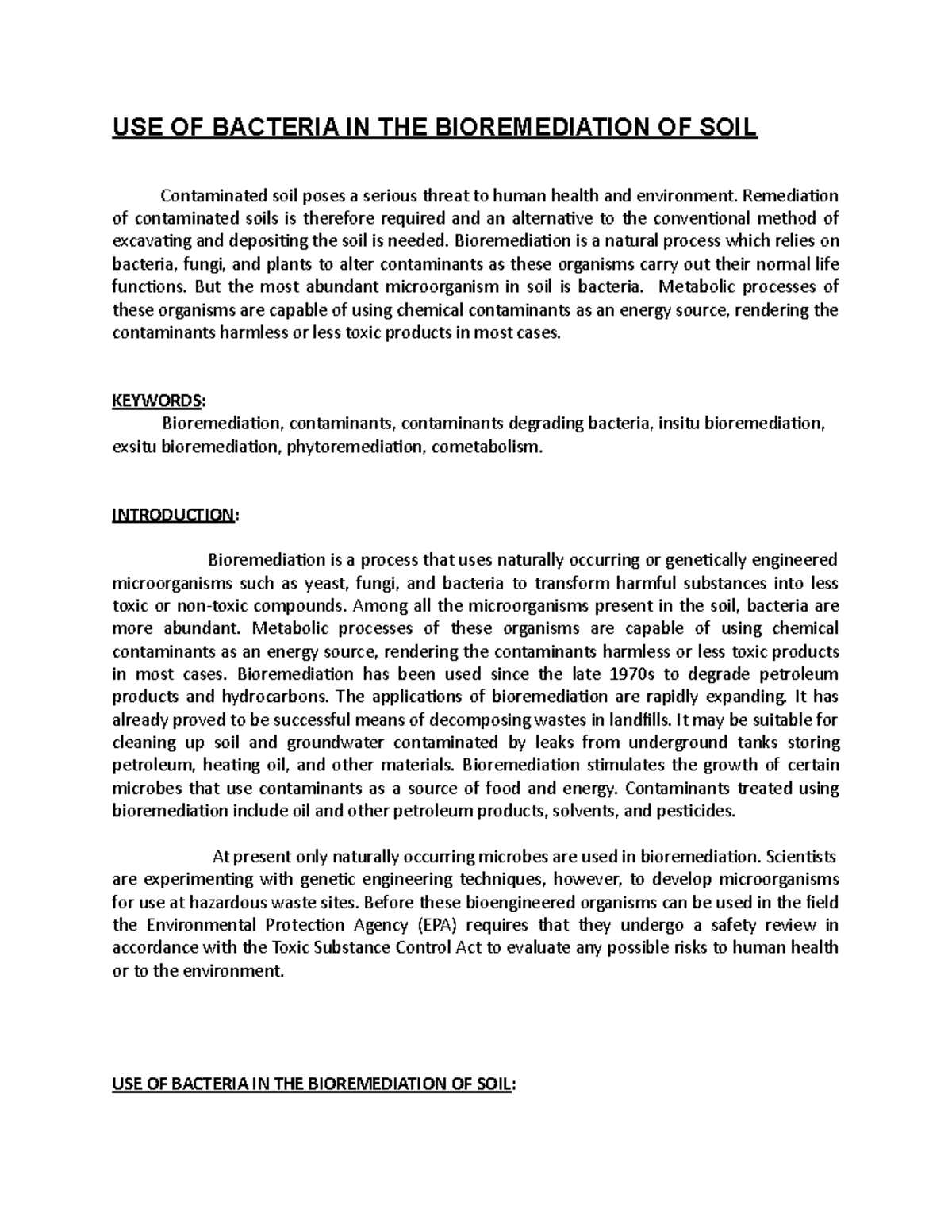 Use of bacteria in bioremediation of soil - USE OF BACTERIA IN THE ...