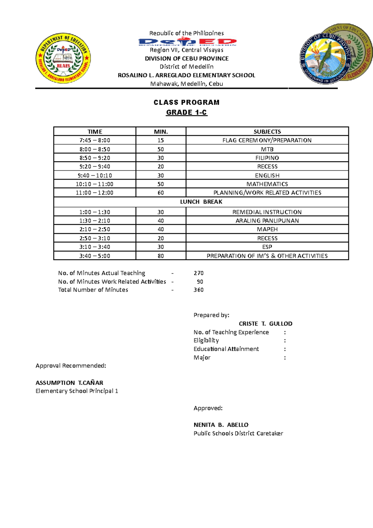 Grade 1 Regular Class Program - Republic of the Philippines Region VII ...